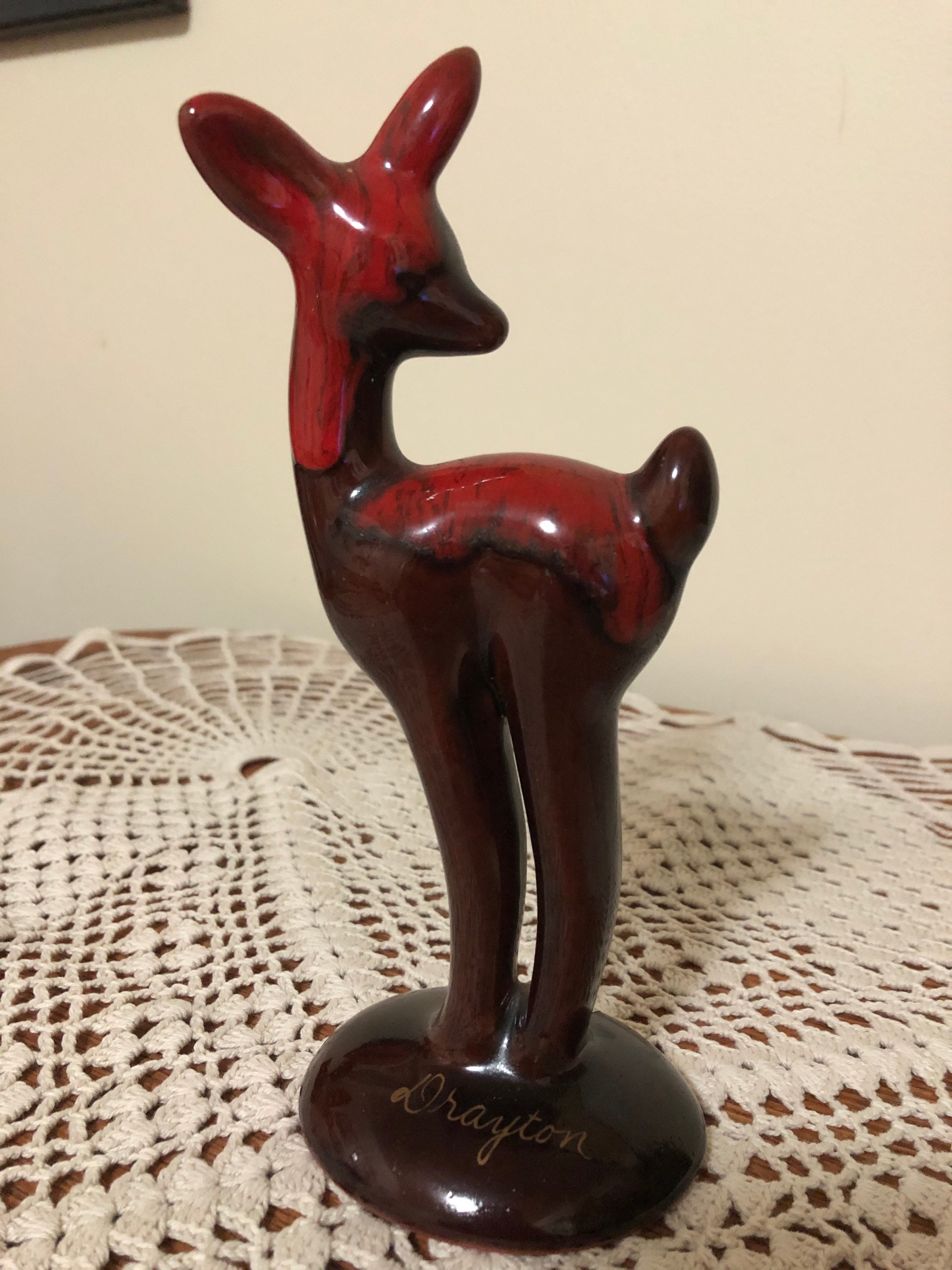 Pottery Deer Figurine. Brown With Red Drip Glaze. Souvenir Piece Marked ...
