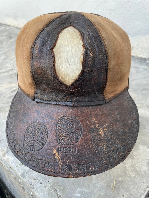 Rare Vintage PERU Hat, Genuine LEATHER Hat, Aztec tri… - Gem
