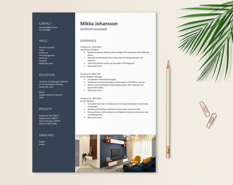 Interior Designer Resume Template Word Interior Decorator - Etsy