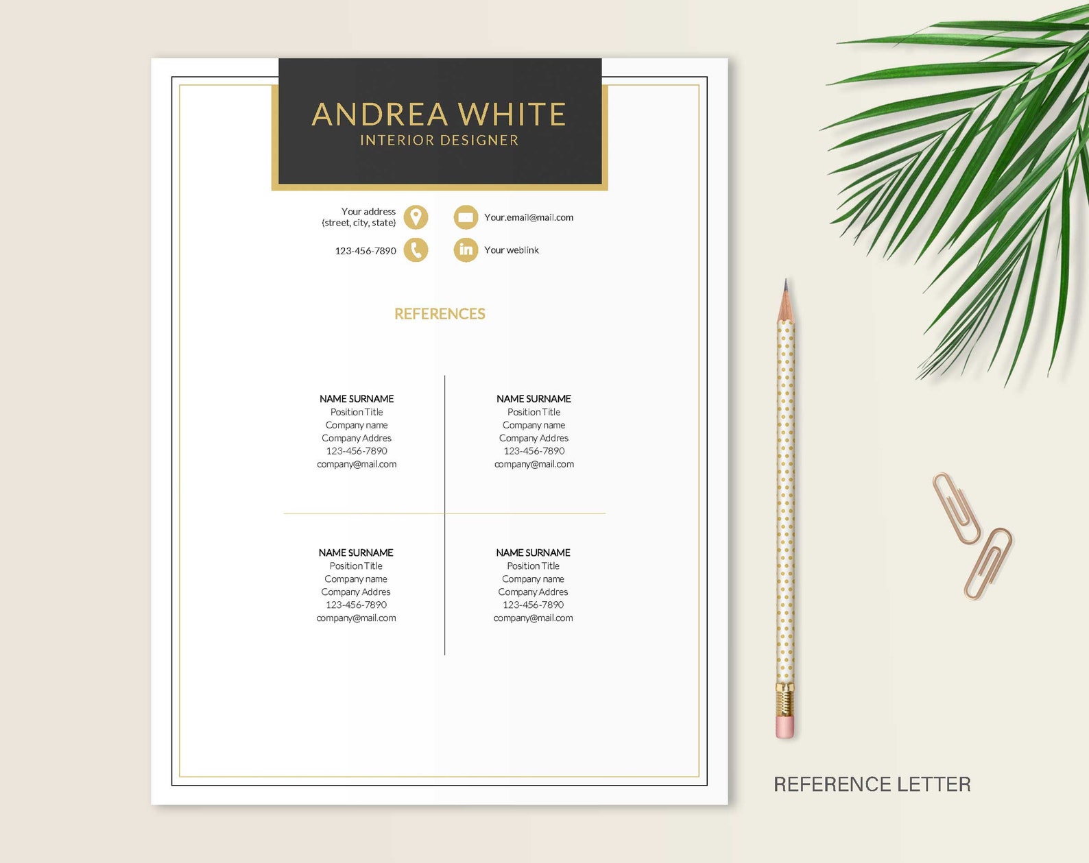 Black and Gold Resume Template + Cover Letter | Modern Resume Editable ...