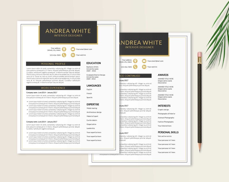 Black and Gold Resume Template Cover Letter Modern Resume Editable in ...