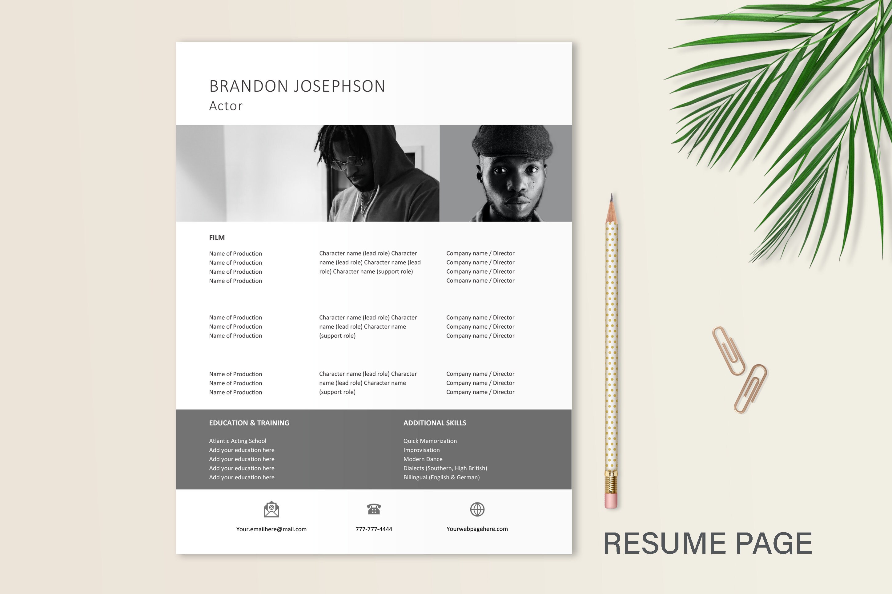 Artistic Resume Template for Actor/actress, Designers, Photographers ...