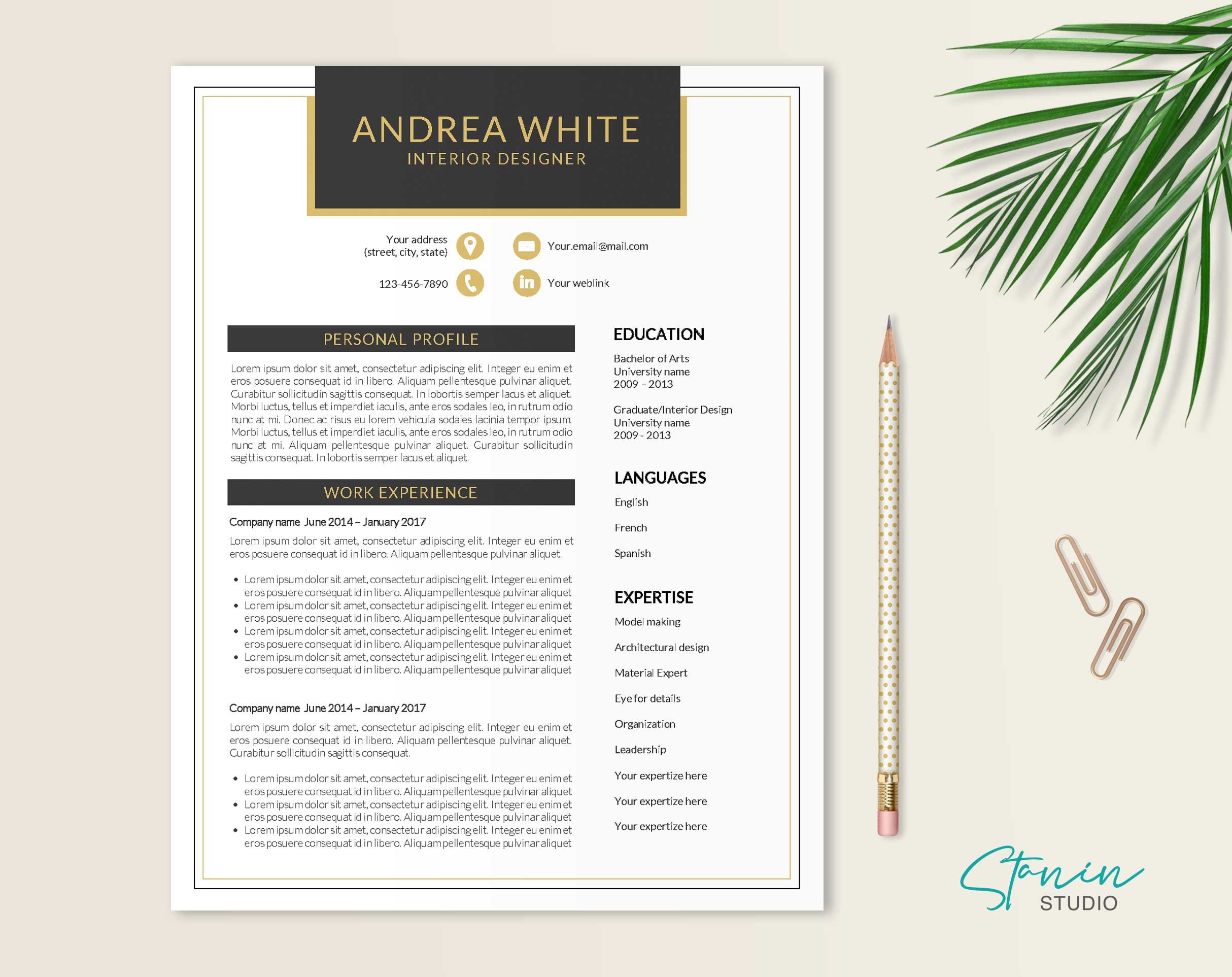 Black and Gold Resume Template + Cover Letter | Modern Resume Editable ...