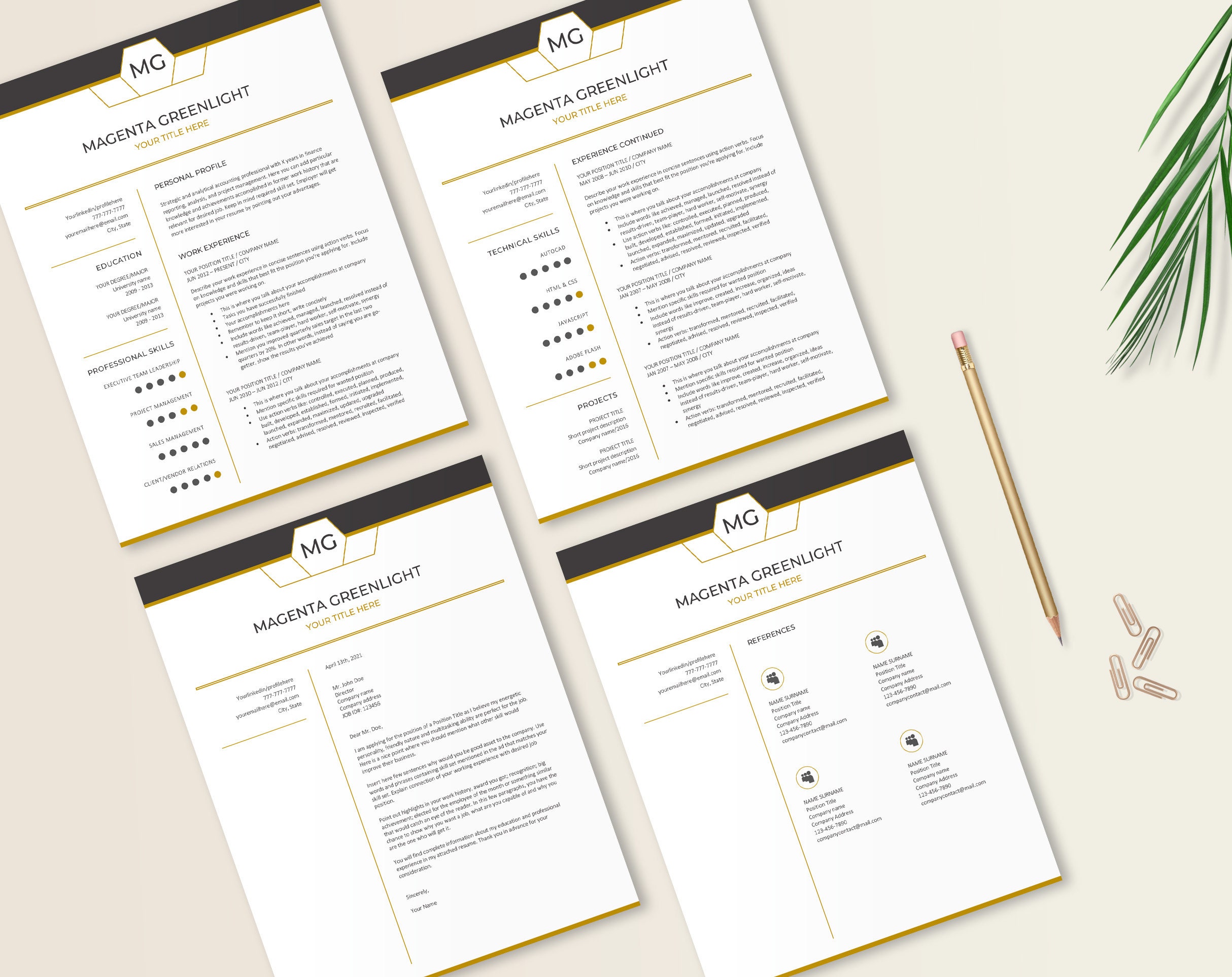 Resume Template Word Monogram Cover Letter Design Modern - Etsy