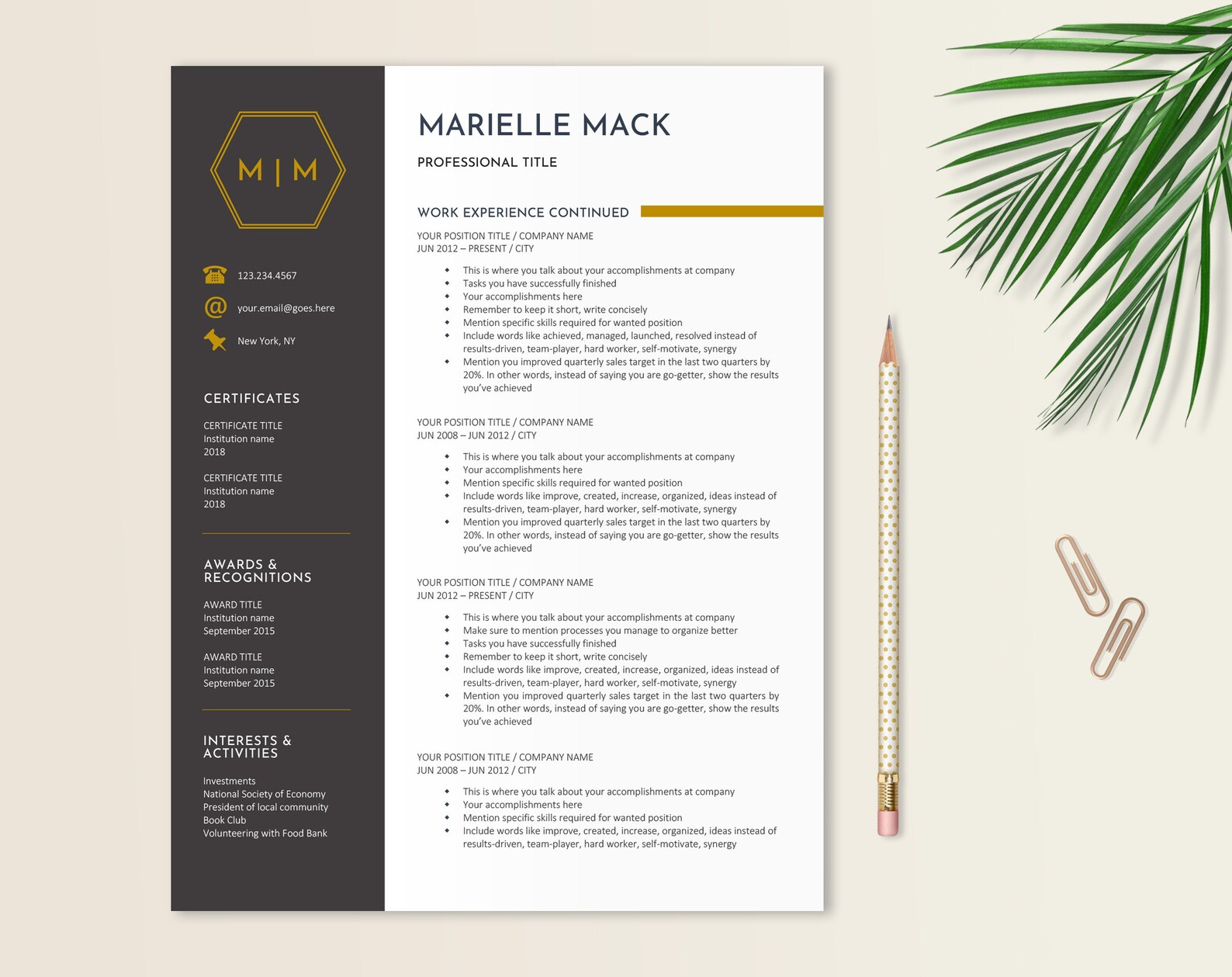 Black and Gold Resume Template, Resume Template Word, Modern Resume, CV ...