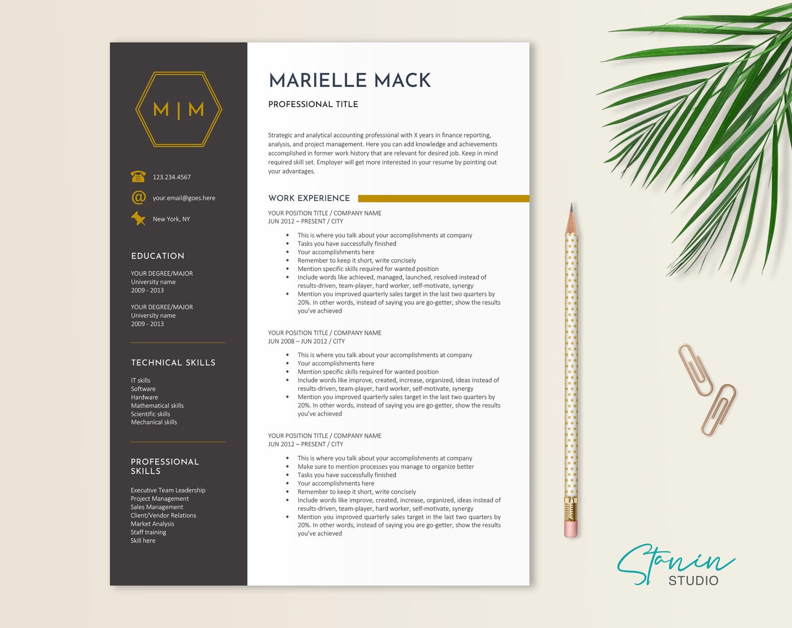 Black and Gold Resume Template, Resume Template Word, Modern Resume, CV ...