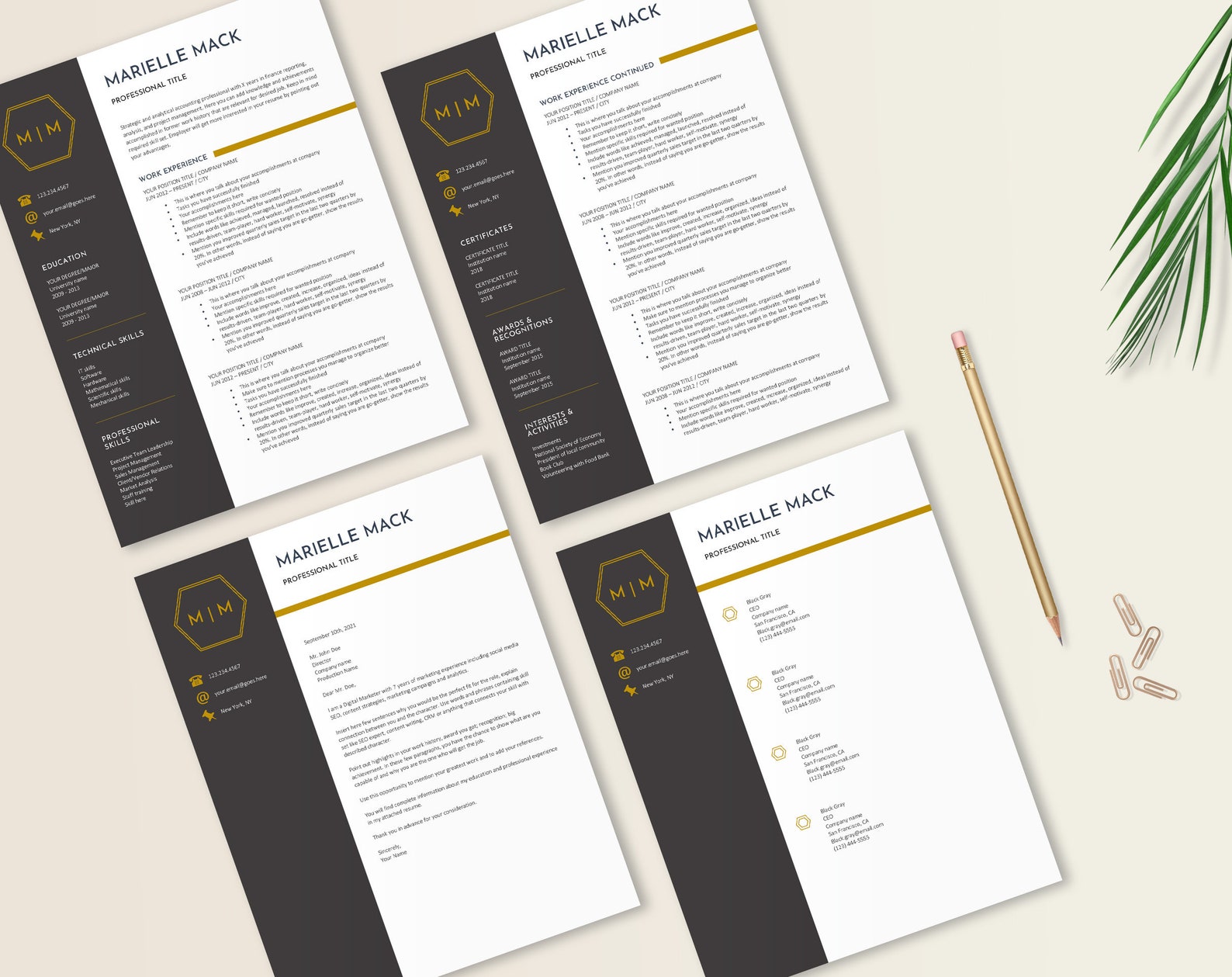 Black and Gold Resume Template, Resume Template Word, Modern Resume, CV ...