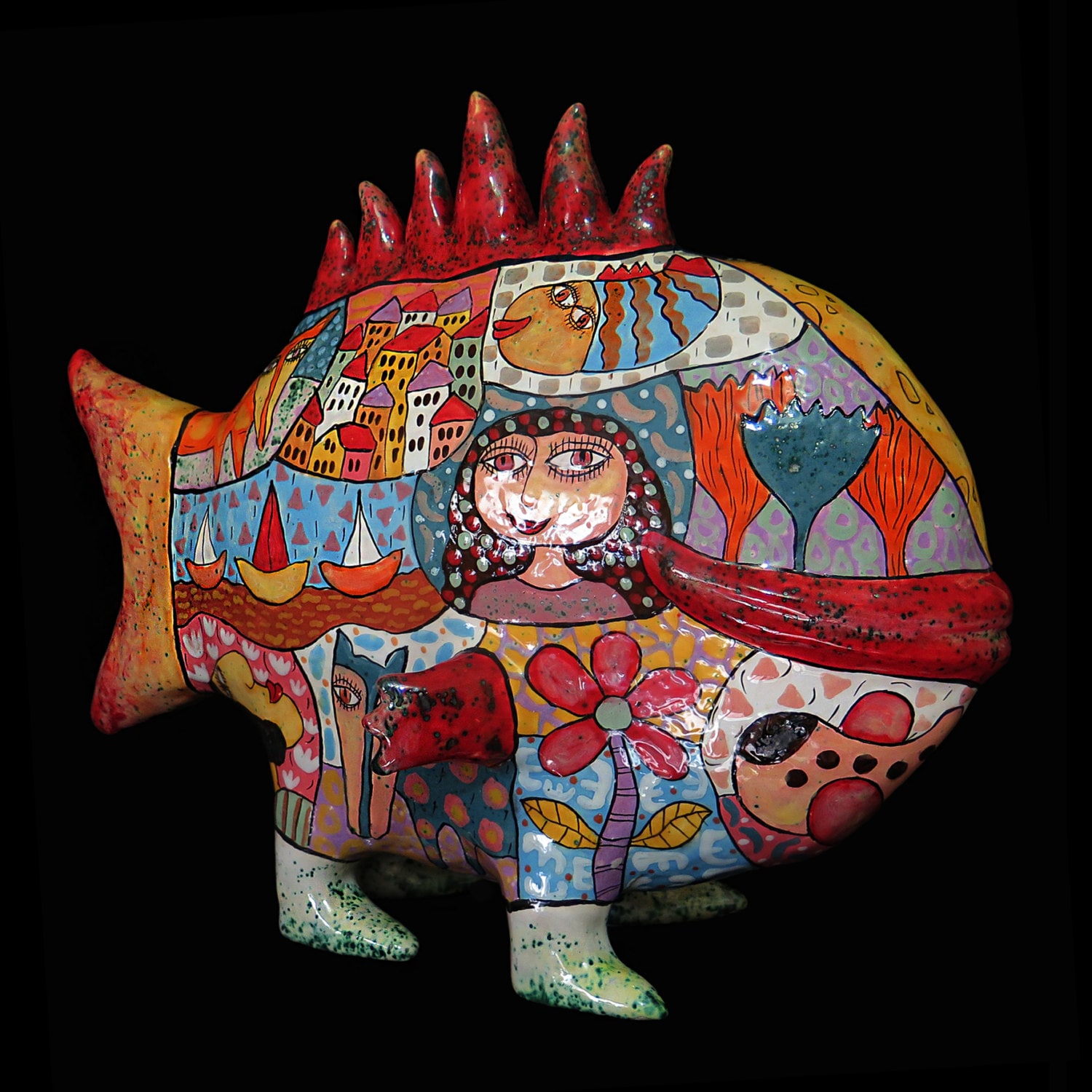 Large Majolica Ceramic Fish Sculpture, Painted Figurine - Etsy