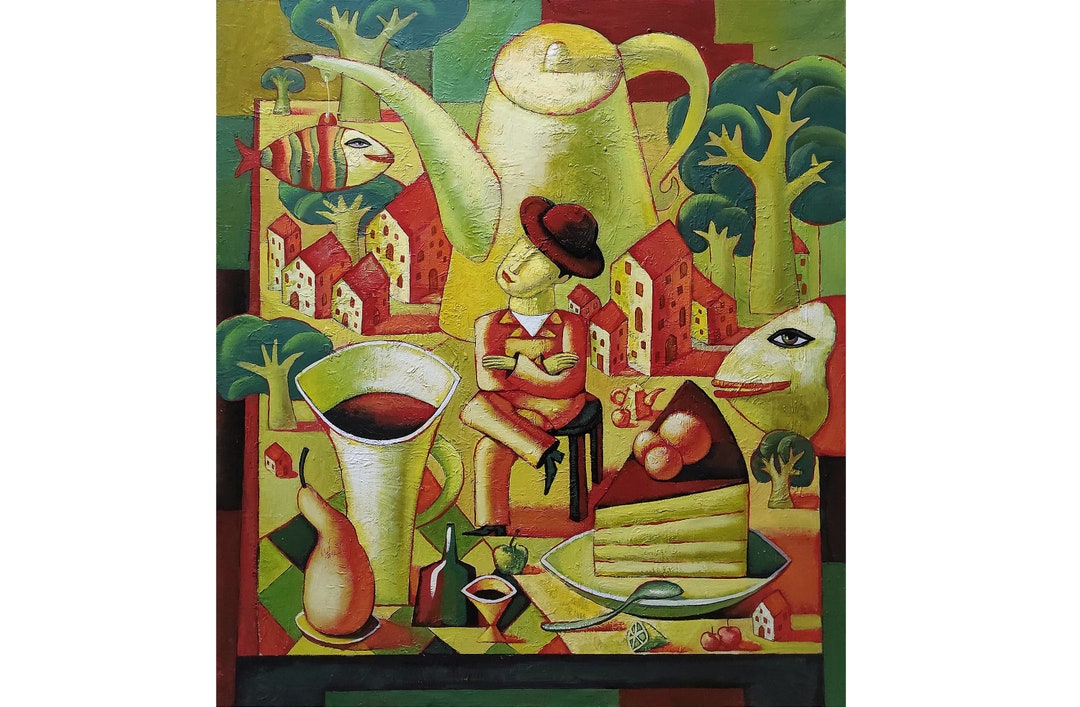 Still Life "tea Party With Cake" in the Style of Naive Surrealism ...