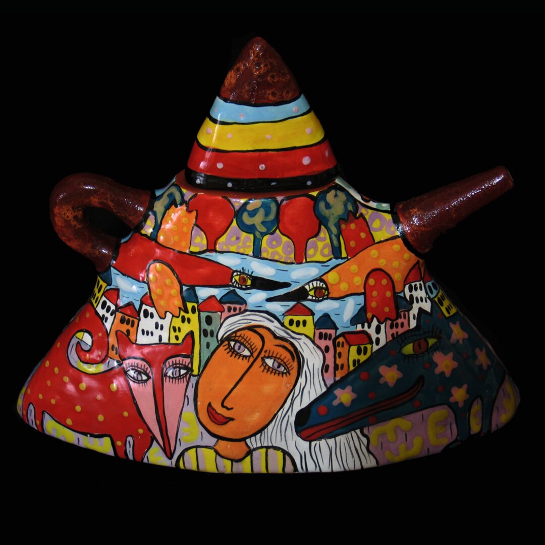 Triangular Ceramic Teapot, Majolica Naive Art Decor - Etsy