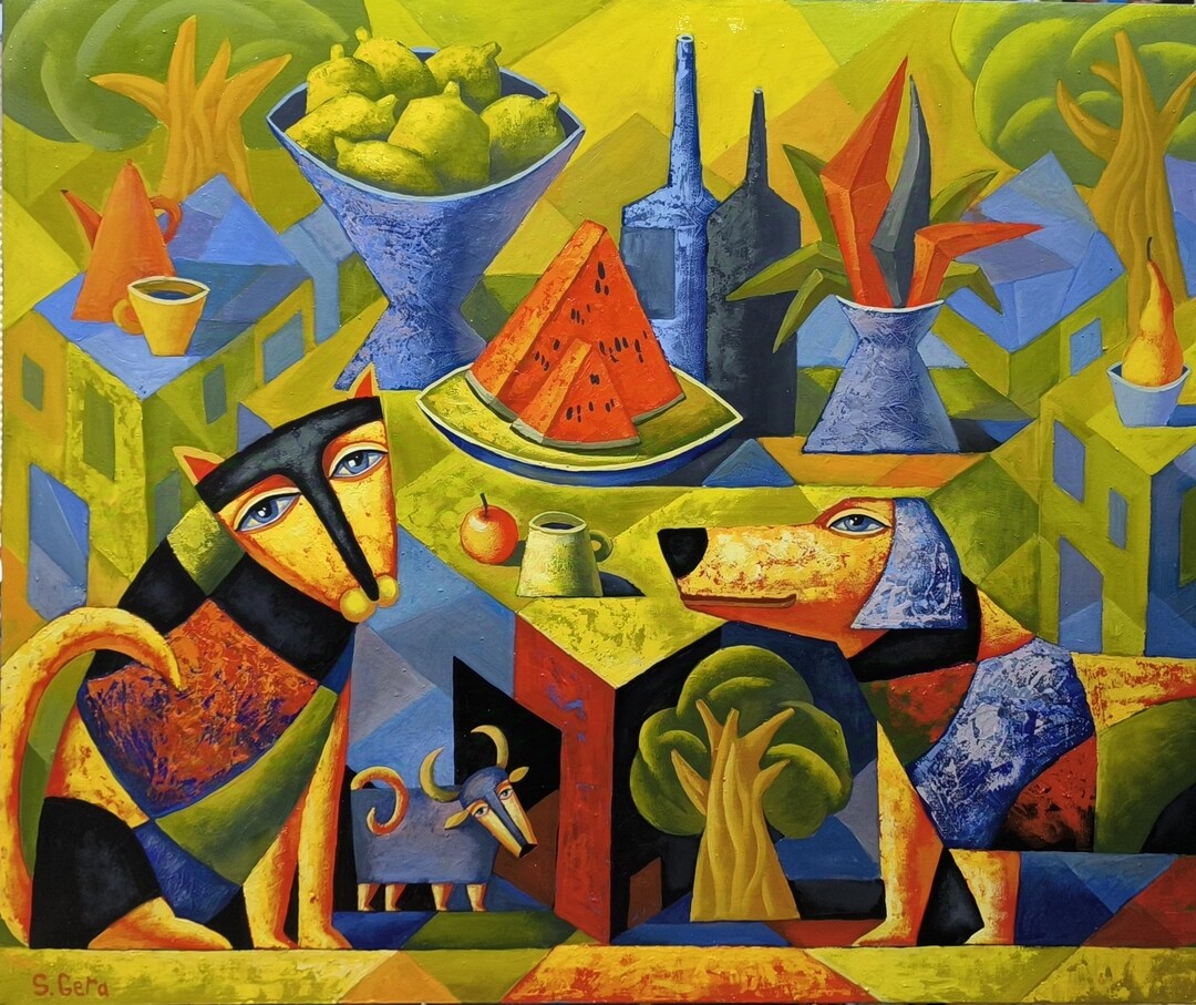 Evening Landscape With Cat, Landscape, Polygonal Painting, Portrait of ...