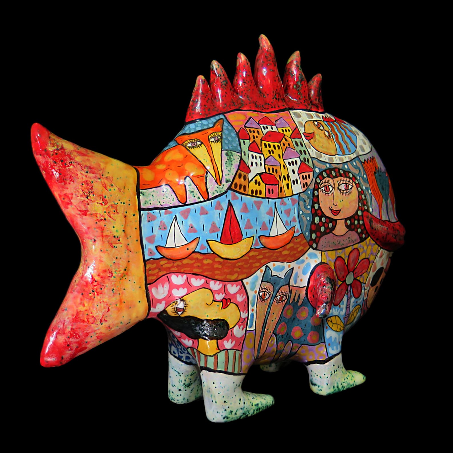 Large Majolica Ceramic Fish Sculpture, Painted Figurine - Etsy
