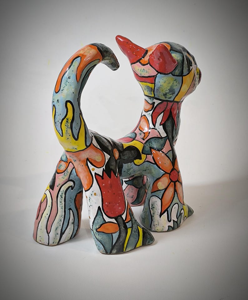 Ceramic Sculpture "flower Cat", Art Ceramic Figurine Sculpture, Cat ...