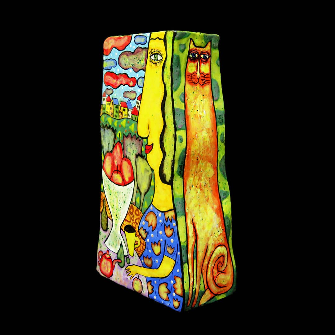 Majolica Ceramic Vase, Naive Art Decor, Quadrangular Vase - Etsy