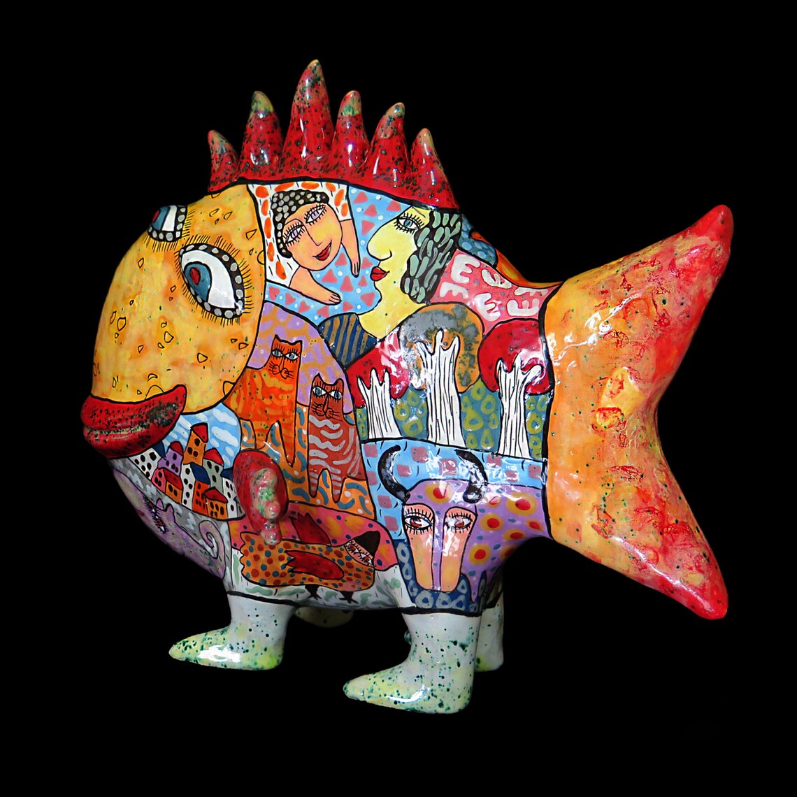 Large Majolica Ceramic Fish Sculpture, Painted Figurine - Etsy