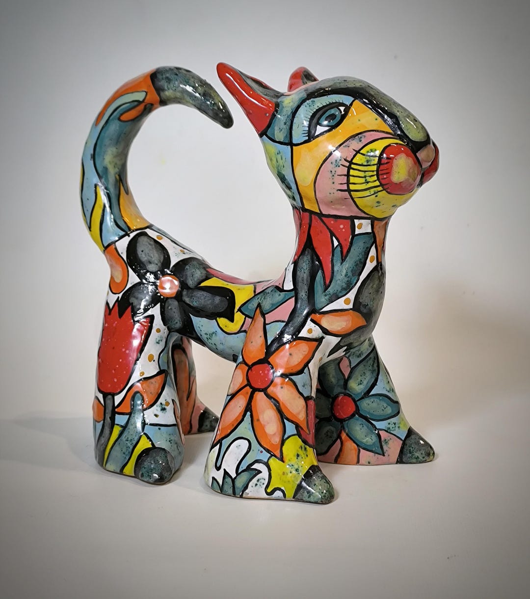 Ceramic Sculpture "flower Cat", Art Ceramic Figurine Sculpture, Cat ...