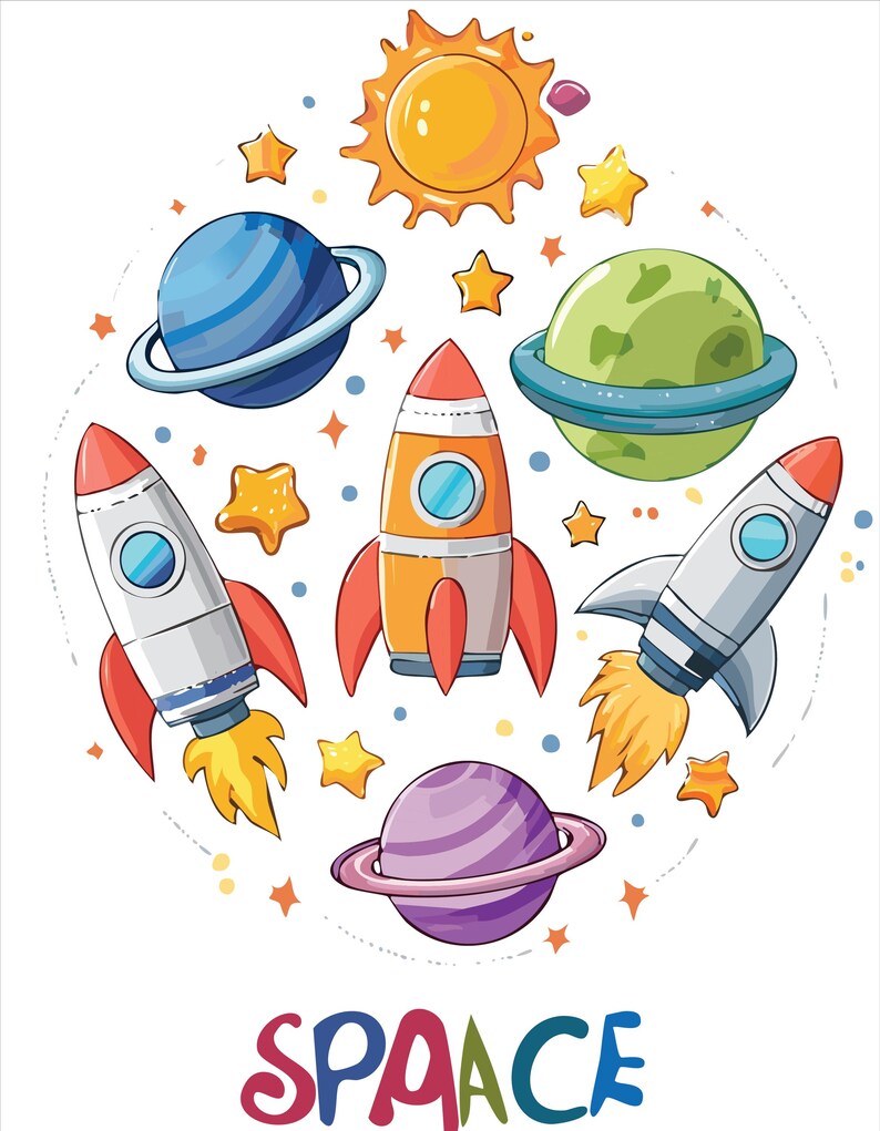 Space Rocket Clipart | EPS Digital Stickers | Planets, Galaxy, and Cute ...