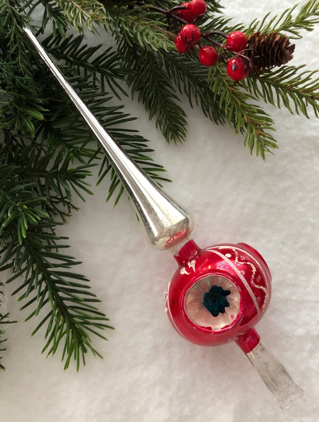 Vintage Christmas Tree Topper Silver Spire Red Ball Triple - Etsy