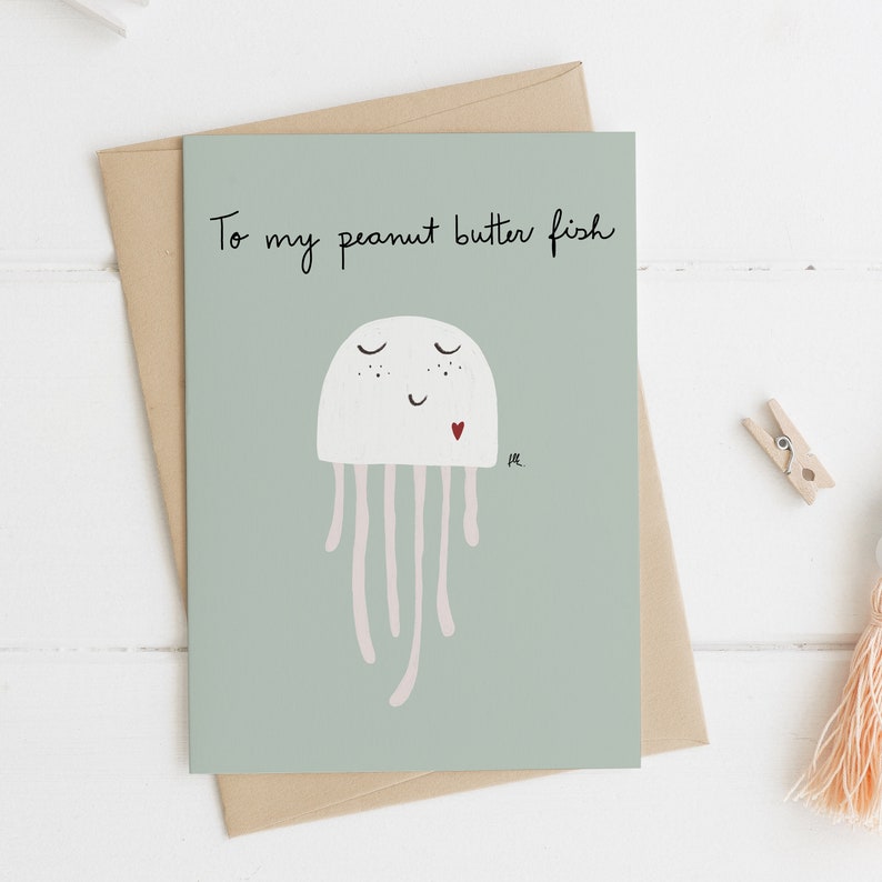 Jelly fish pun greeting card mint green A6 illustrated card | Etsy