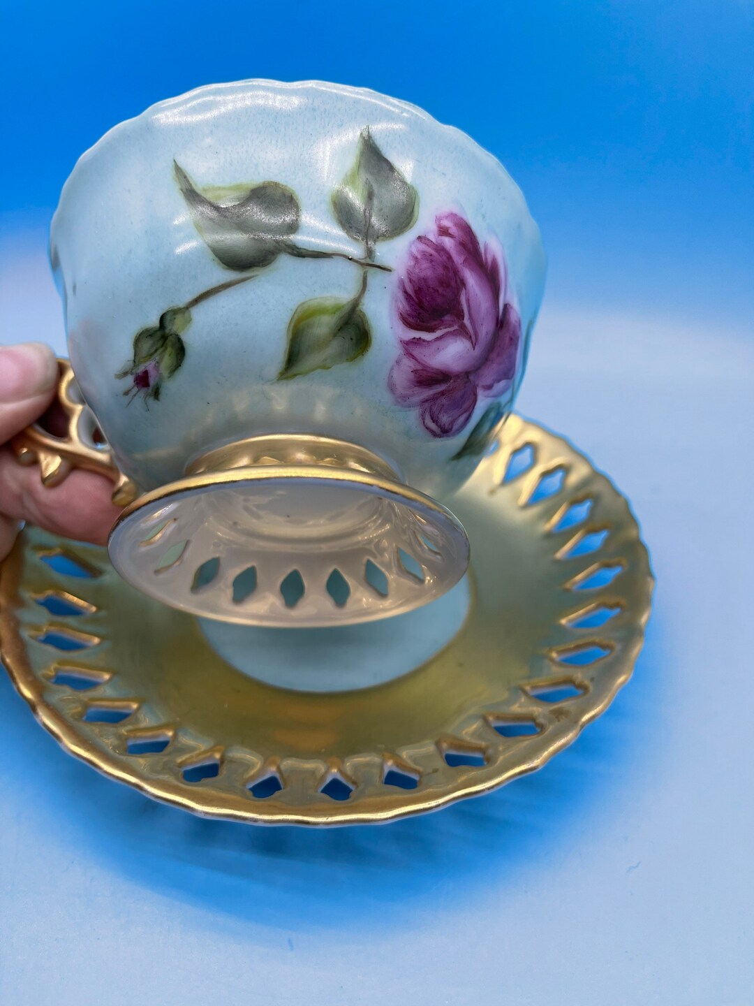 Vintage Rose Tea Cup Blue and Gold Cup - Etsy