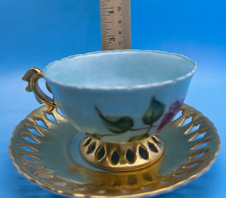 Vintage Rose Tea Cup Blue and Gold Cup - Etsy