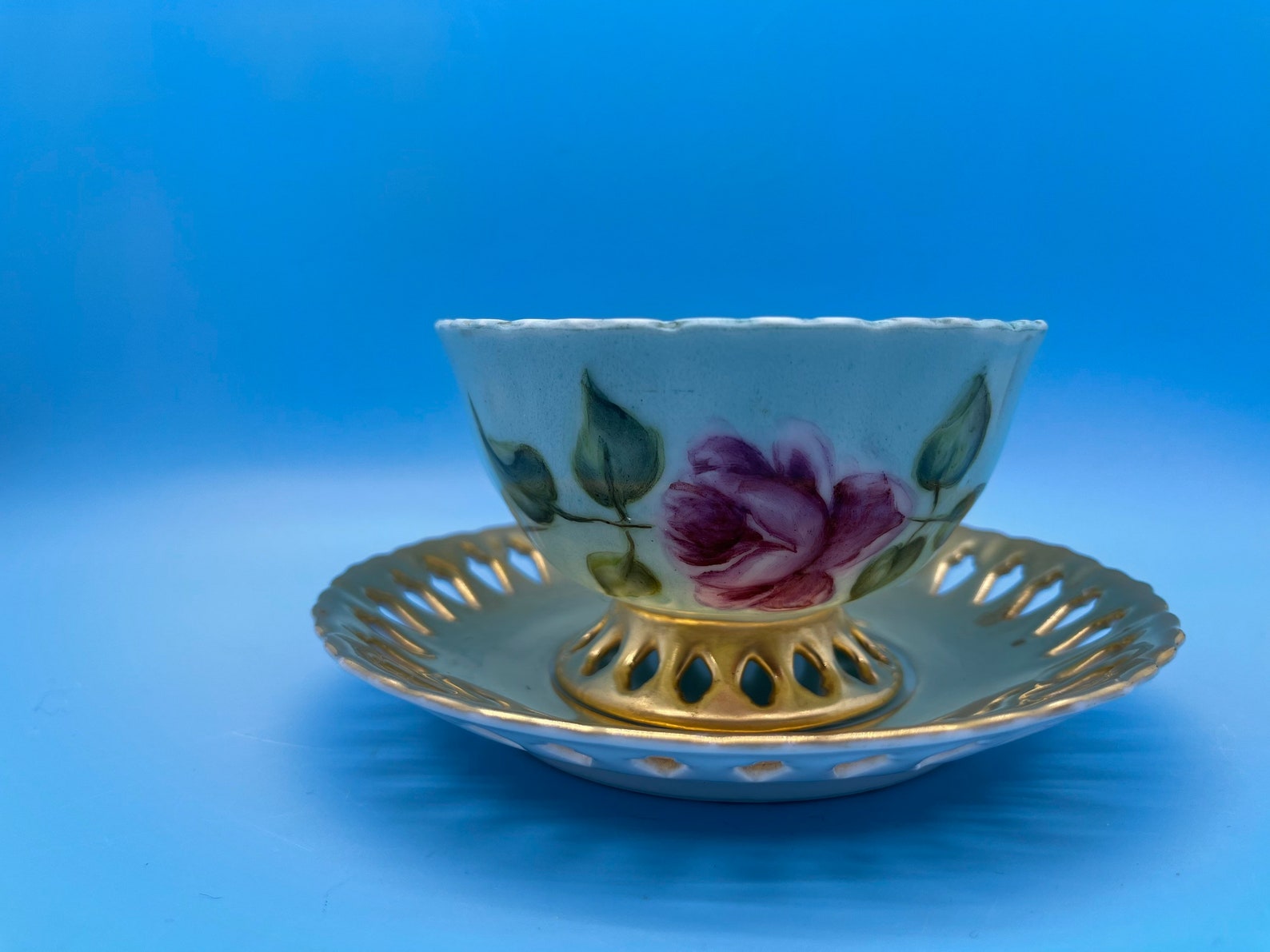 Vintage Rose Tea Cup Blue and Gold Cup - Etsy
