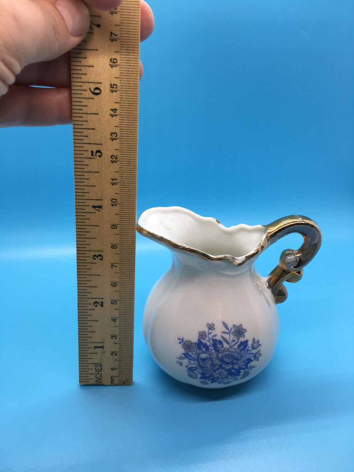 Blue and White Gold Trim Vintage Mini Pitcher - Etsy