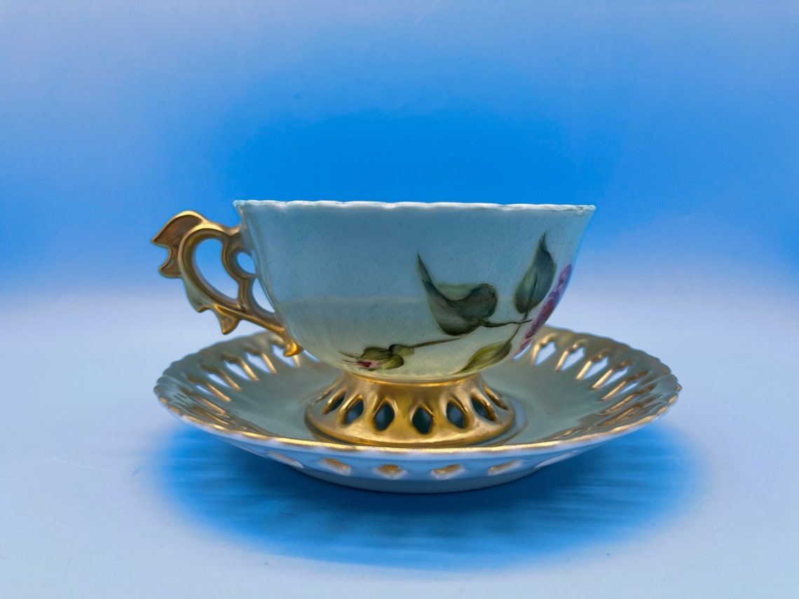 Vintage Rose Tea Cup Blue and Gold Cup - Etsy