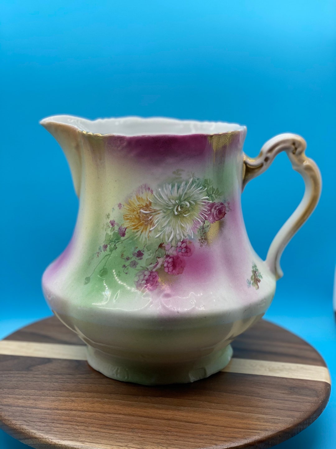 Hand Painted Vintage Floral Pitcher Pink Green & White - Etsy