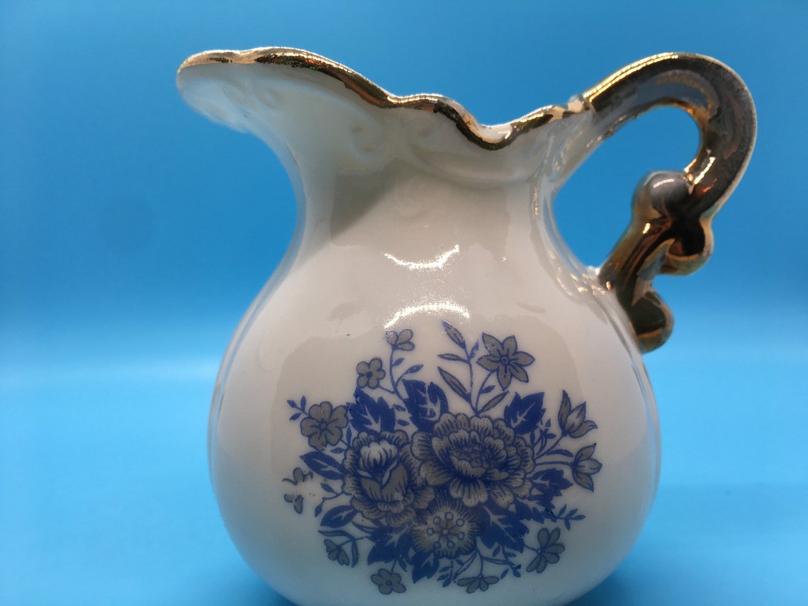 Blue and White Gold Trim Vintage Mini Pitcher - Etsy
