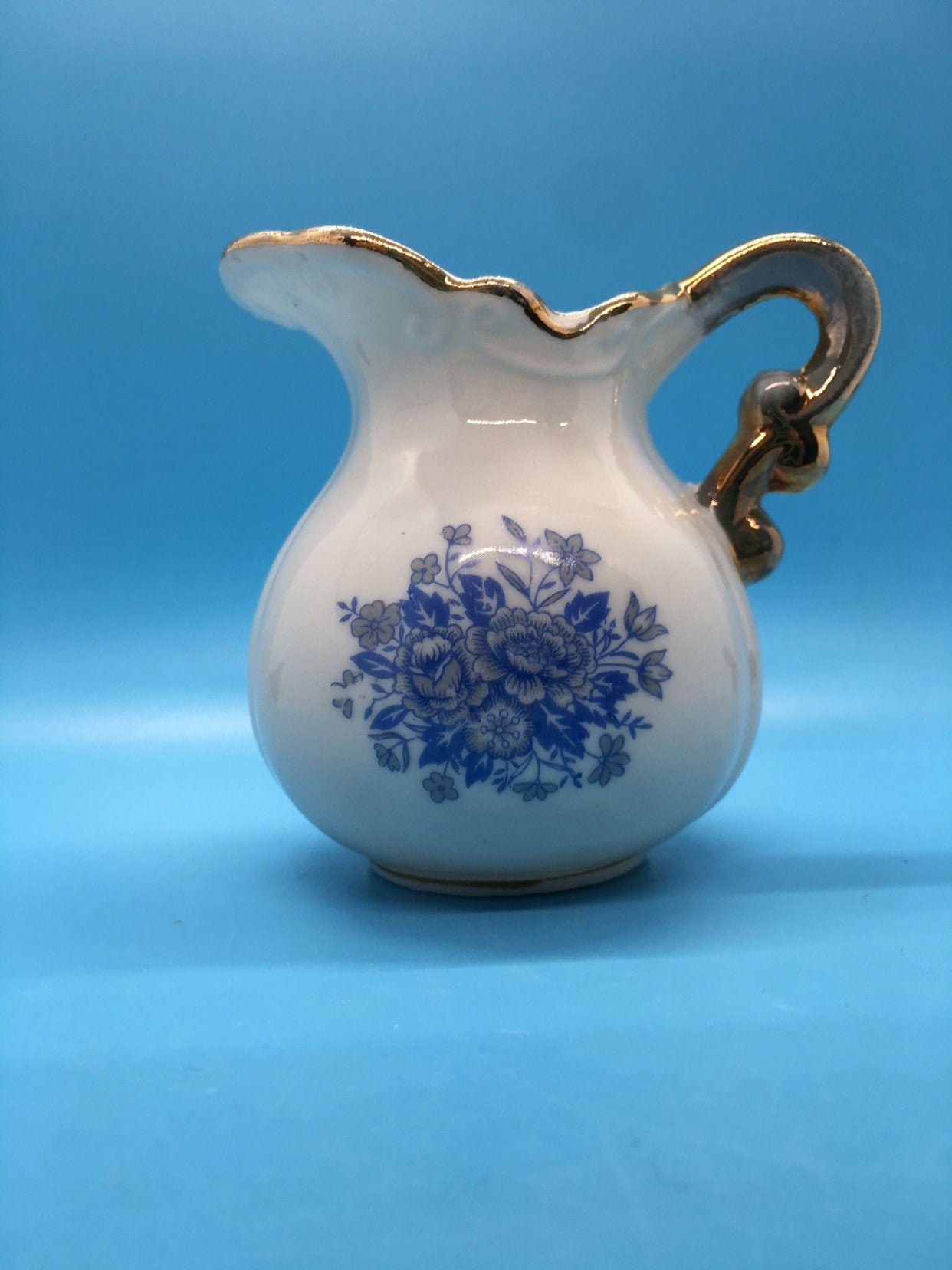 Blue and White Gold Trim Vintage Mini Pitcher - Etsy