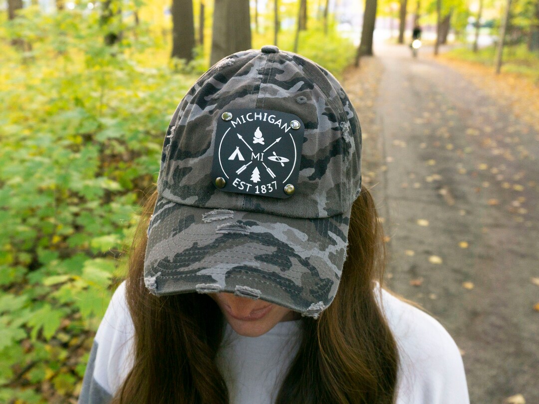 Michigan Baseball Hat Camo Gray, Genuine Leather Patch, Gift for Her ...