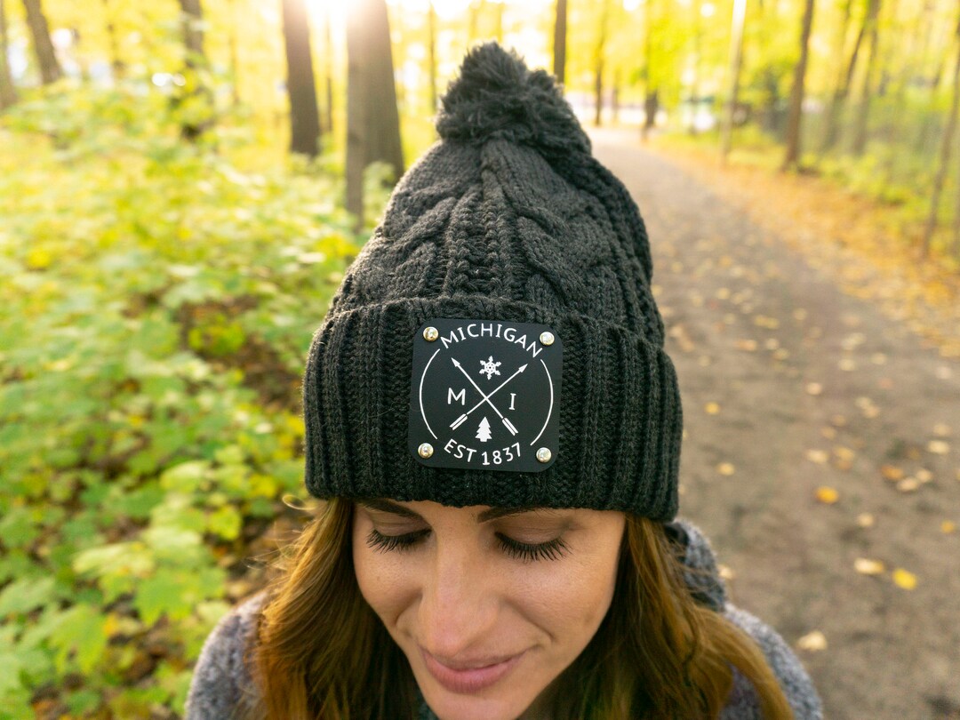 Dark Gray Michigan Pom Pom Chunky Beanie, Michigan Winter Hat, Genuine ...