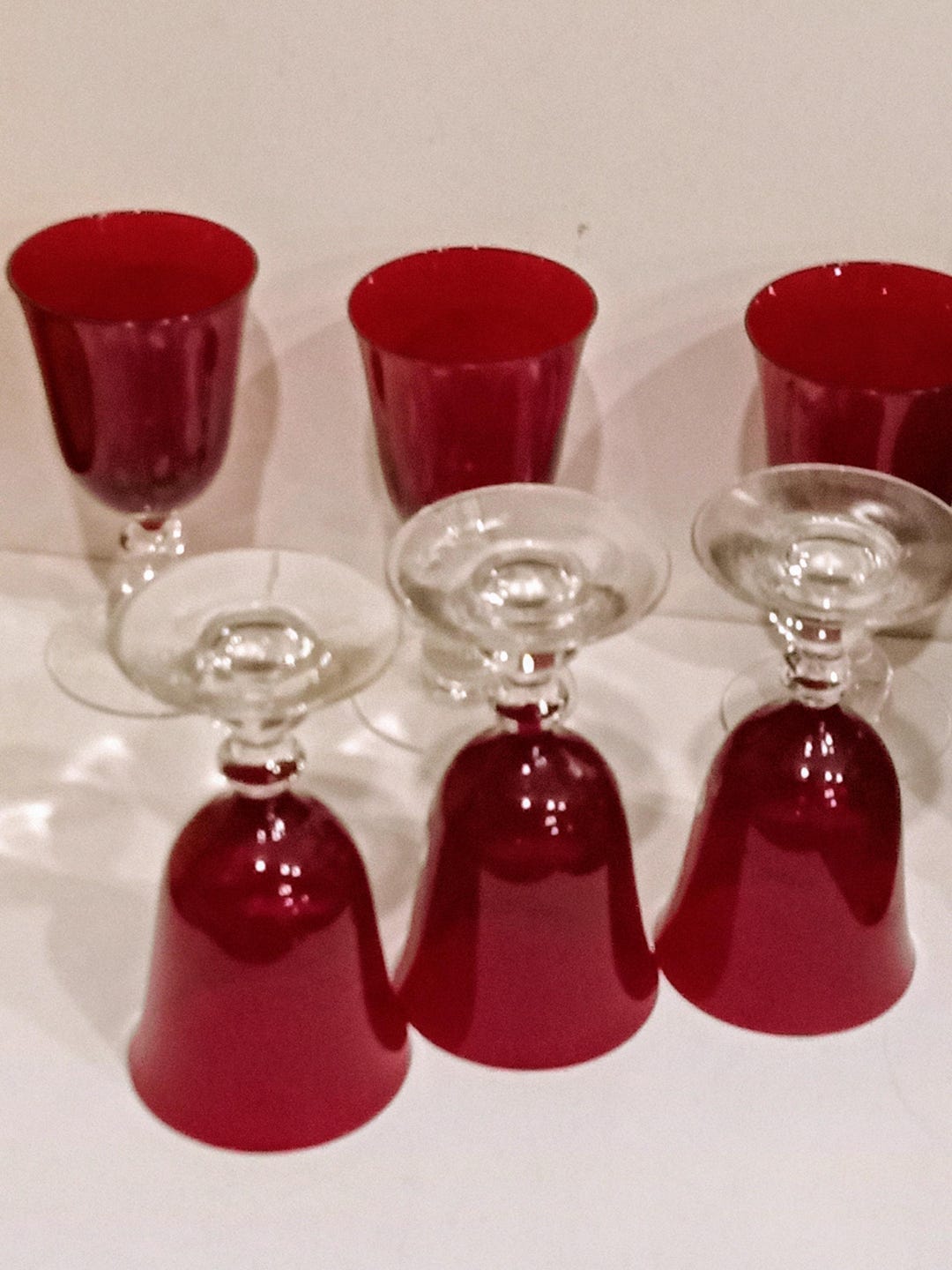 Vintage Ruby Red Glasses With Clear Stems. Set of Six Glasses, Unused ...