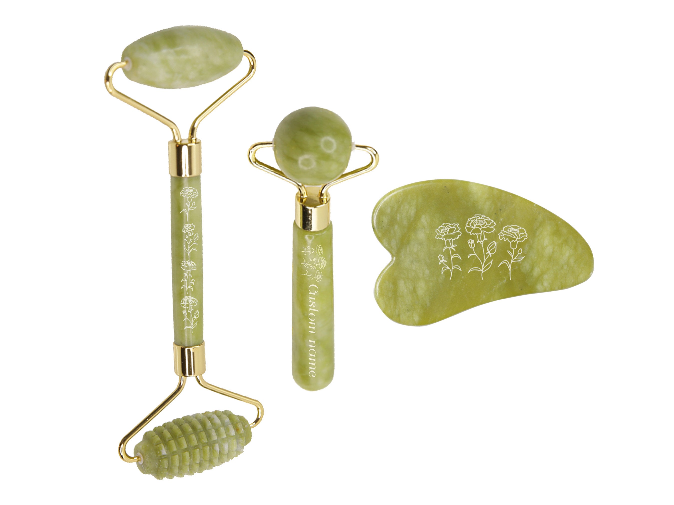 3-in-1 Custom Jade Gua Sha and Face Roller Set, Birth Flowers Design ...