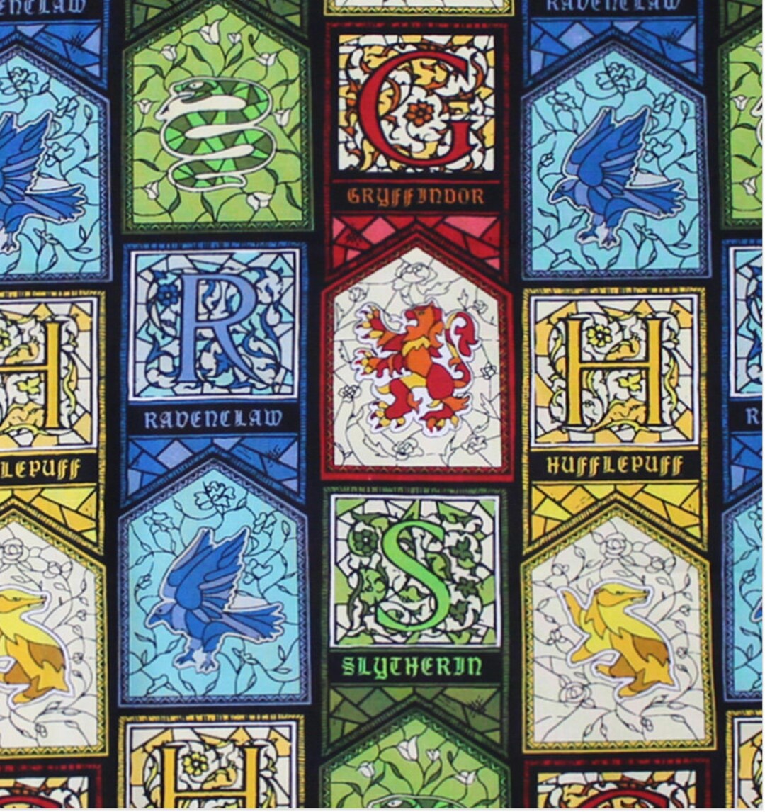 Harry Potter Fabric, Harry Potter Stained Glass Houses Cotton Fabric ...