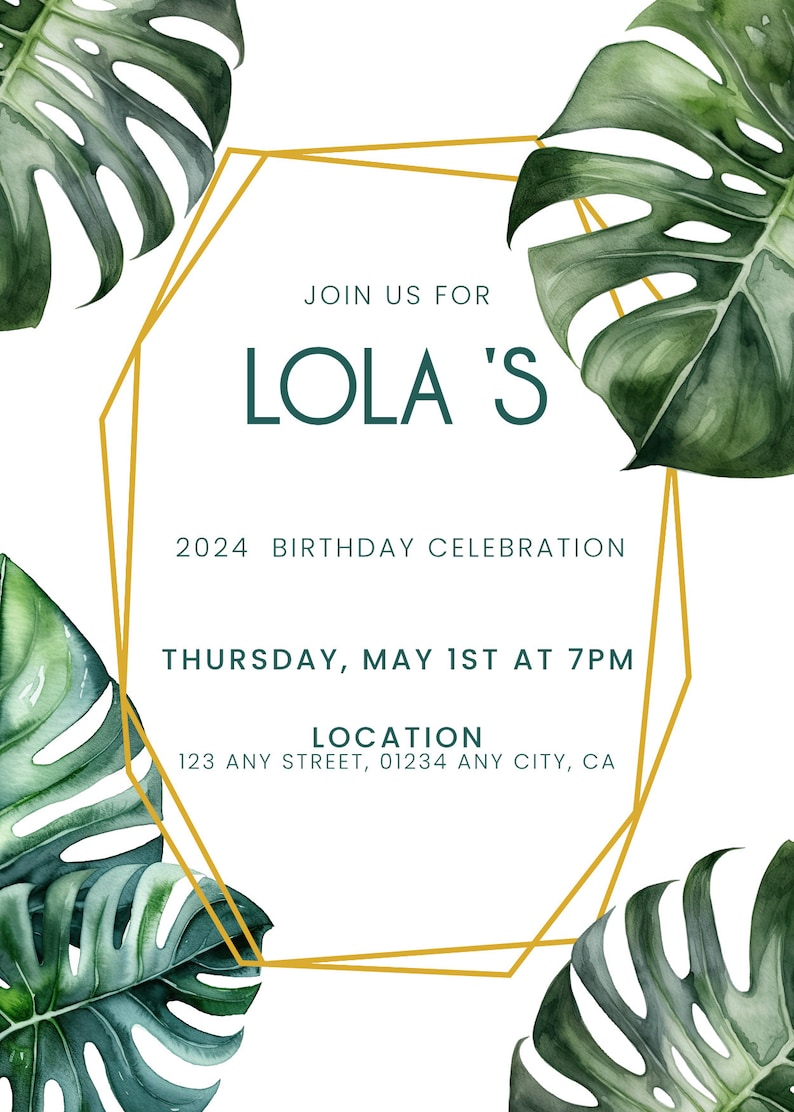 Monstera Invitation Customizable and Downloadable - Etsy