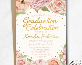 Floral Graduation Party Invitation Watercolor 5x7 Pink | Etsy