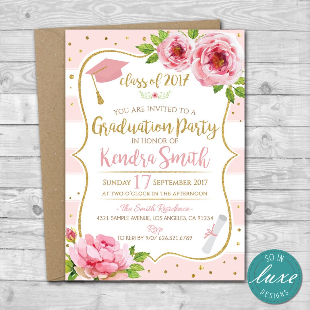 Floral Graduation Party Invitation Watercolor, 5x7, Pink, Gold, Elegant ...