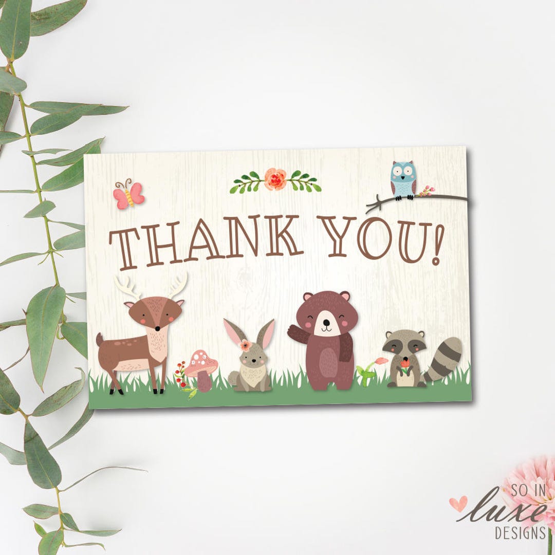 Woodland Animal Thank You Card Inserts | Blue, Boy, Nature, Bear, Owl ...