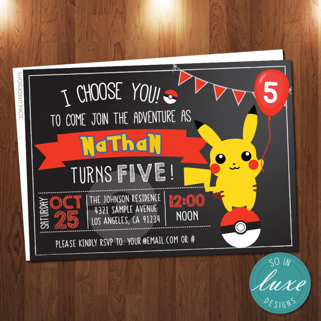 Pikachu Birthday Party Invitation Pokemon, Pika, Kids, Cute Birthday ...
