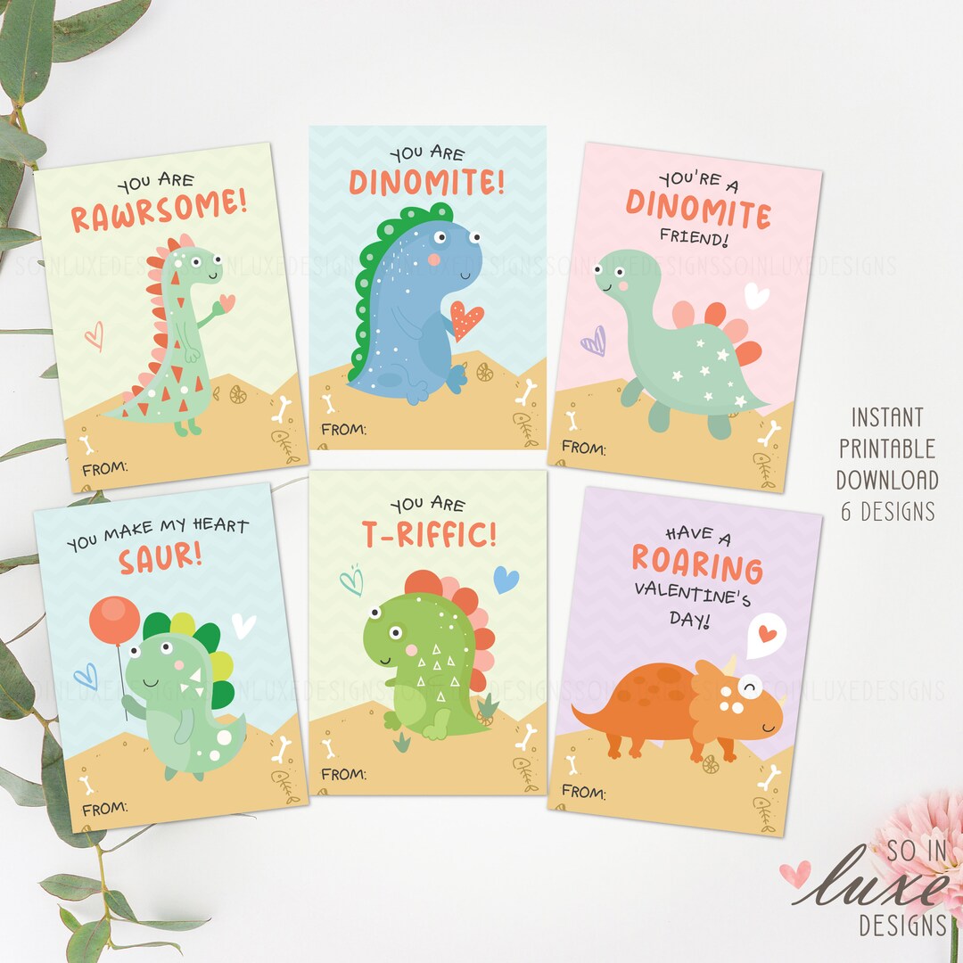 Dinosaur Valentine Card Printables | 6 Kids Cute Valentine's Day ...