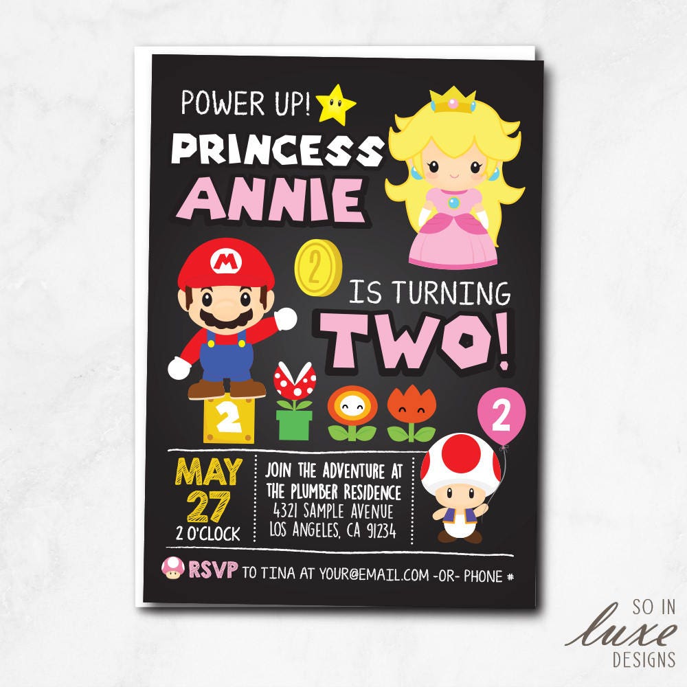 Princess Peach Birthday Party Invitation Super Mario Etsy
