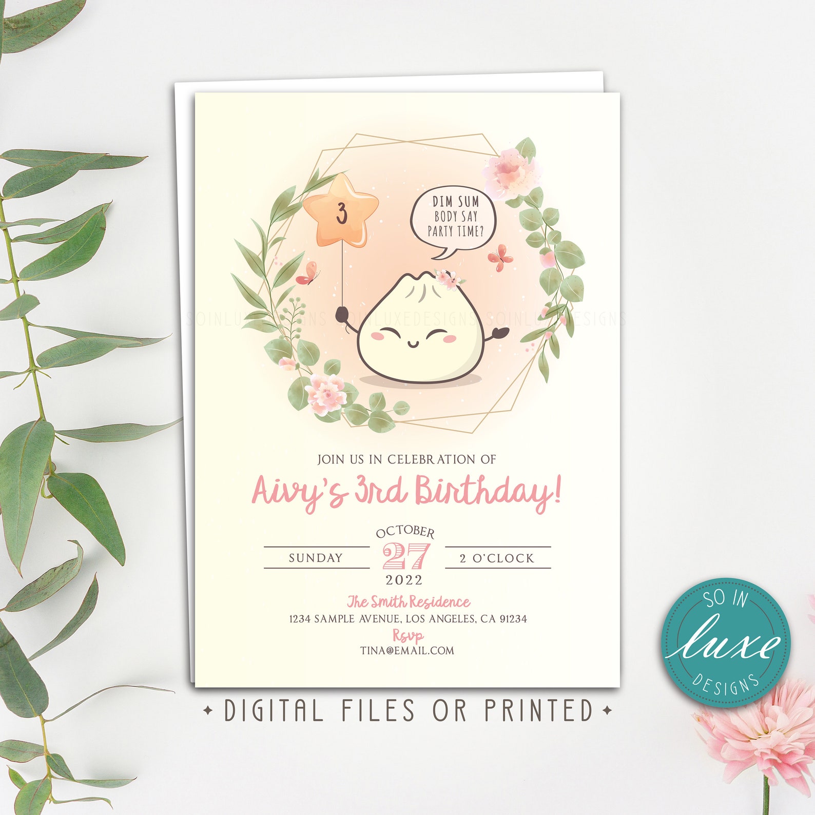 Dim Sum Birthday Invitation | Dimsum, Dumpling, Bao, Baby Girl, Girl ...