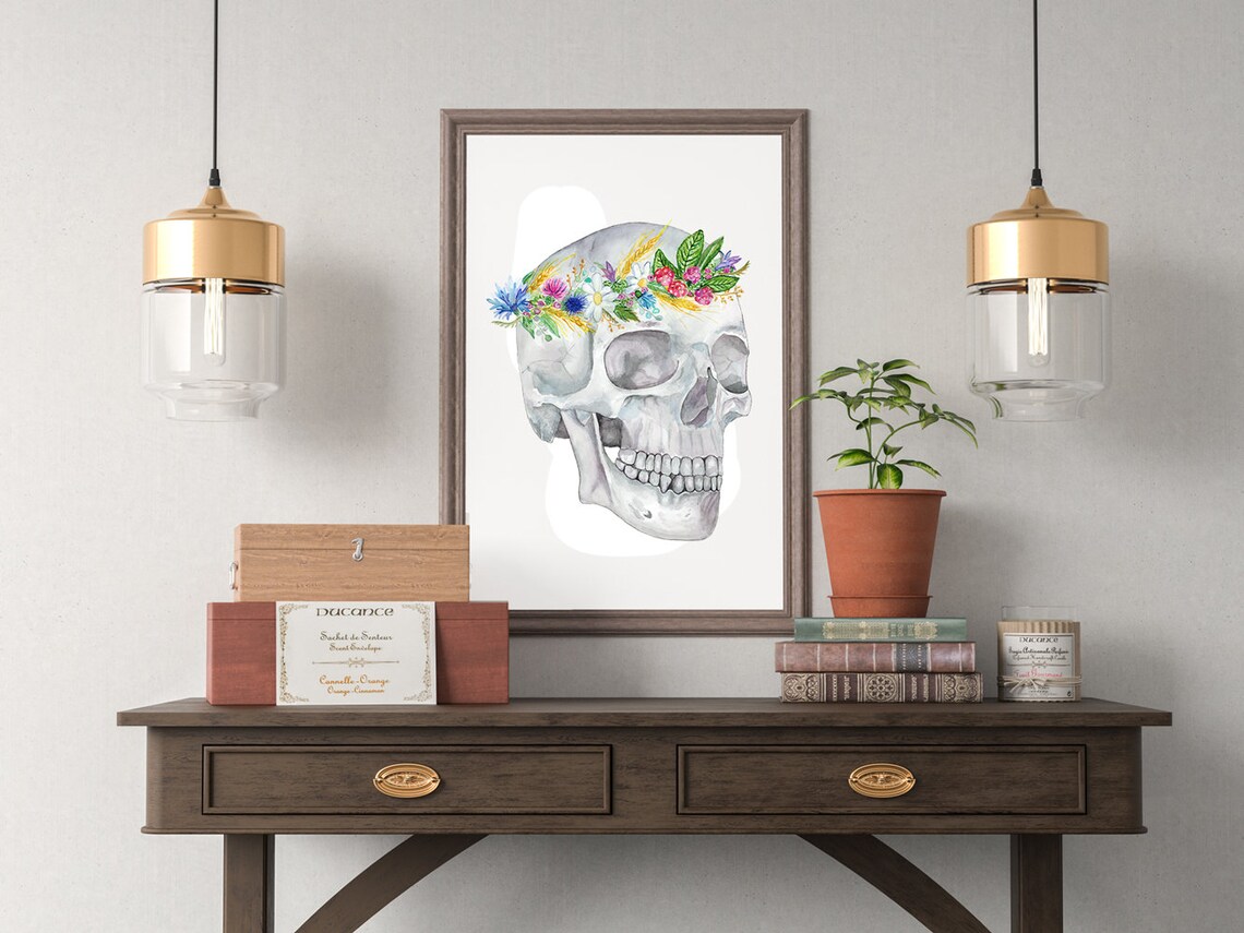 Human Skull With Flower Wreath Print: Anatomy Wall Art, Watercolor ...