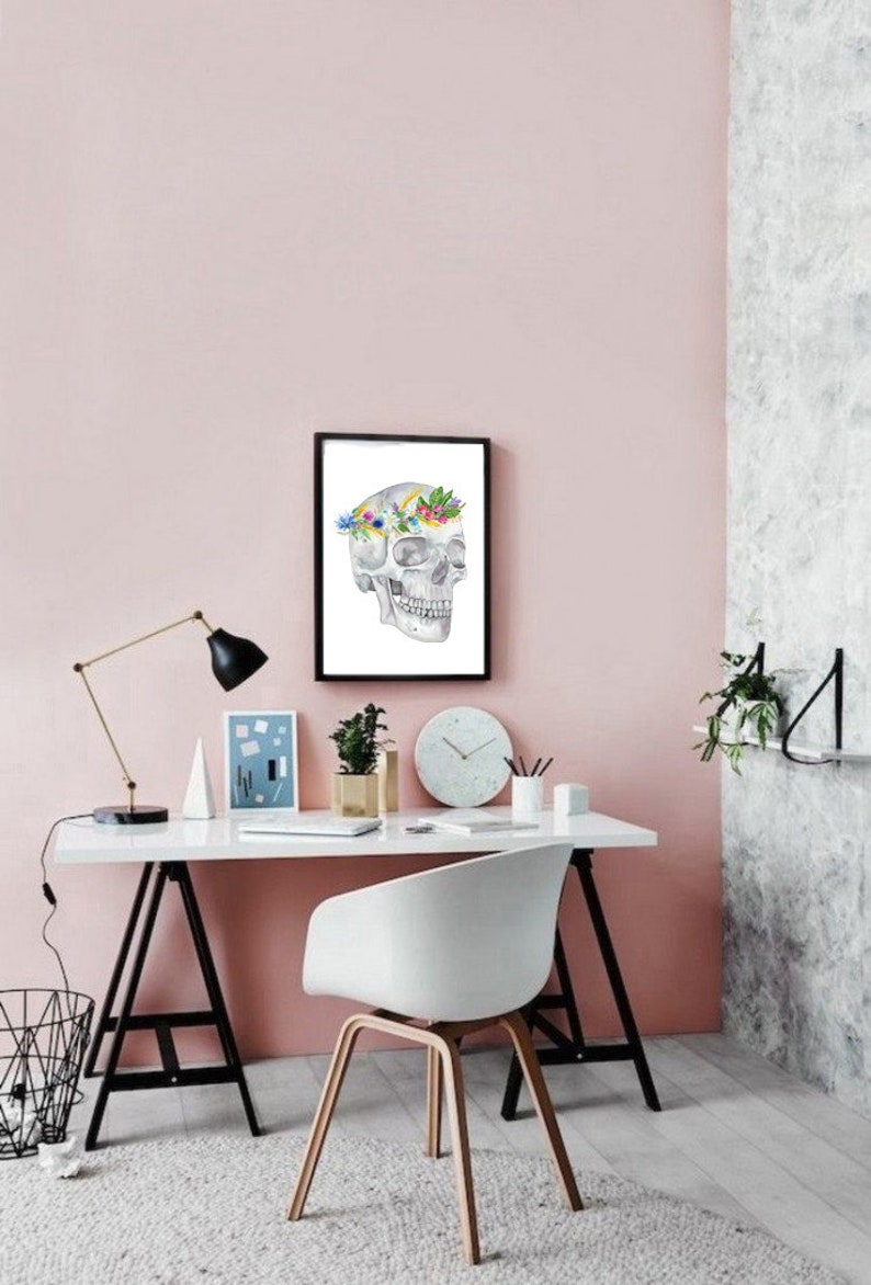 Human Skull With Flower Wreath Print: Anatomy Wall Art, Watercolor ...