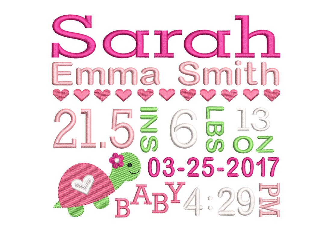 Turtle Baby Birth Announcement Personalized Embroidery Design - Girl ...