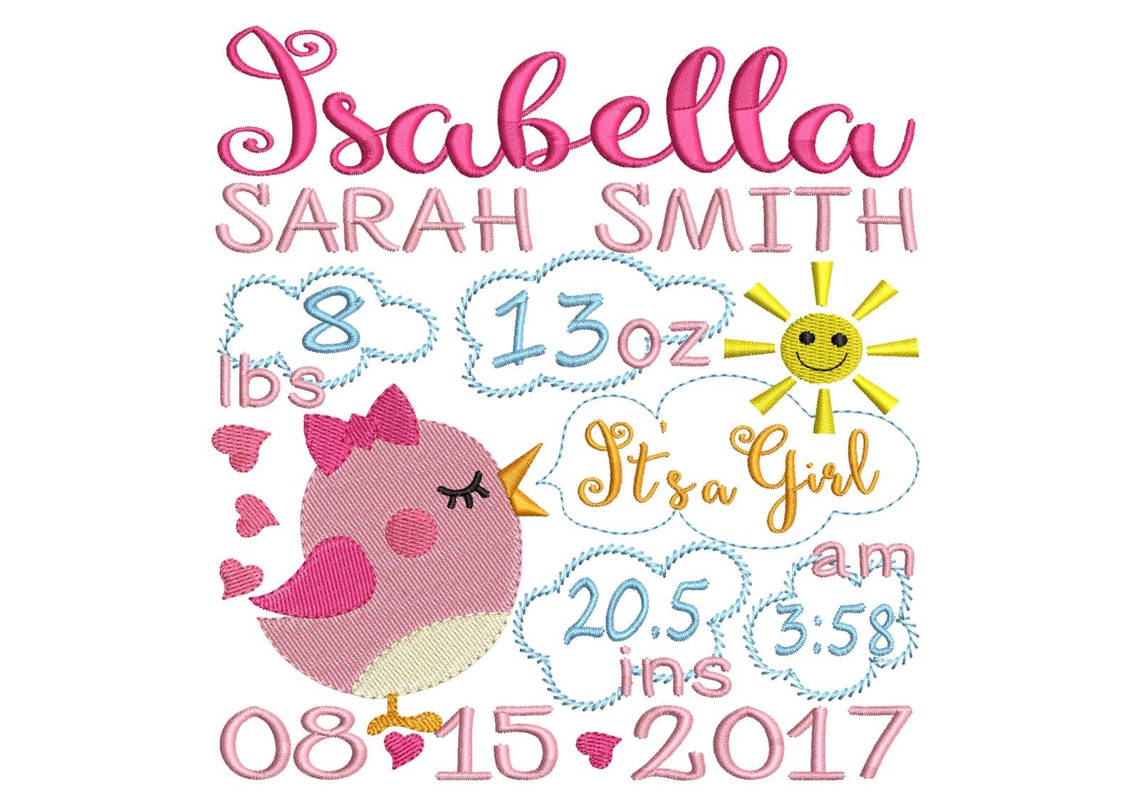 Bird Embroidery Design, Baby Embroidery Design, Birth Announcement ...
