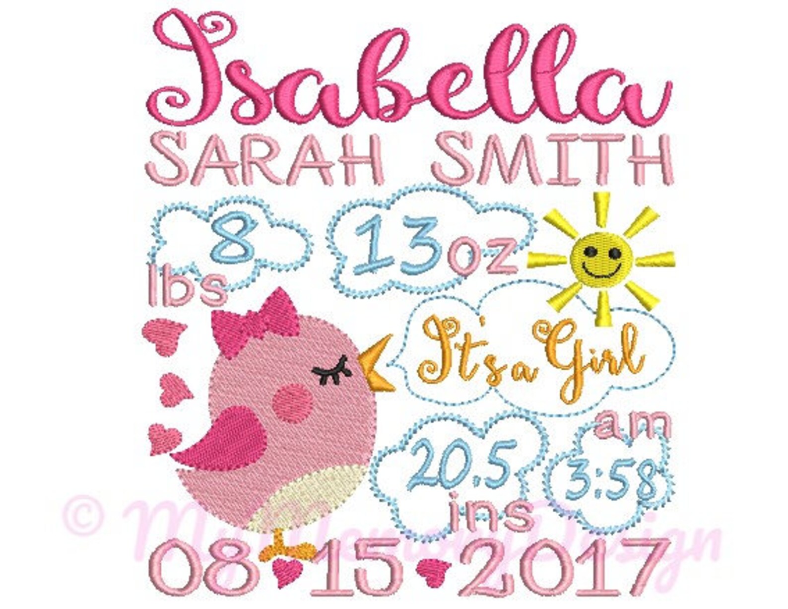Bird Birth Announcement Embroidery Design Birth Template - Etsy
