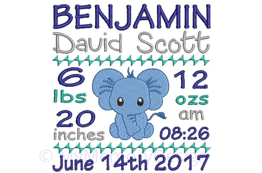Elephant Birth Announcement Embroidery Design Baby Subway Art Machine ...